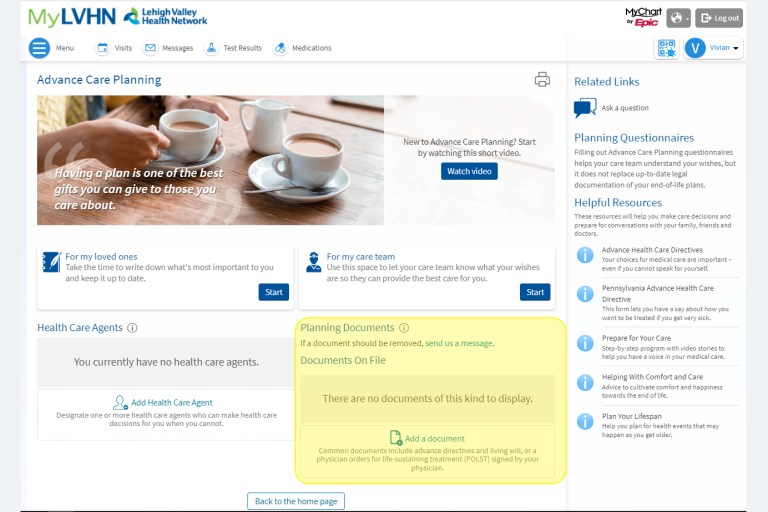 How to Add Care Planning Documents to your MyLVHN Account